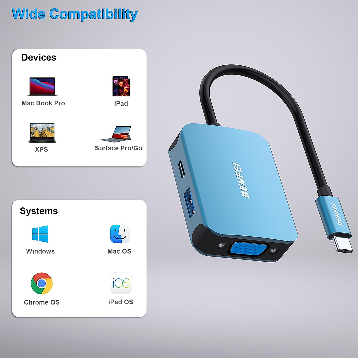 BENFEI USB C HUB 4in1, USB Type-C to HDMI VGA Adapter, USB C to USB Adapter, USB Type-C Power Delivery, Compatible with iPhone 15 Pro/Max, MacBook Pro/Air 2023, iPad Pro, iMac, S23, XPS 17