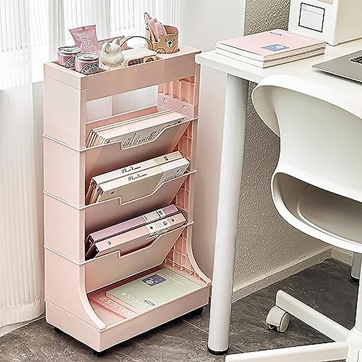 Rolling Book Shelf Organizer Mobile Book Shelf Cart 6 Tier Movable Bookshelf Cart Desk Side Cart for Office Dorm Classroom,Pink,5 Tier