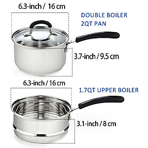 Cook N Home 02655 Professional Double Boiler Saucepan 2-Quart, 18-10 Stainless Steel Steam Melting Pot for Butter Chocolate Cheese, Tempered Glass Lid, Silver