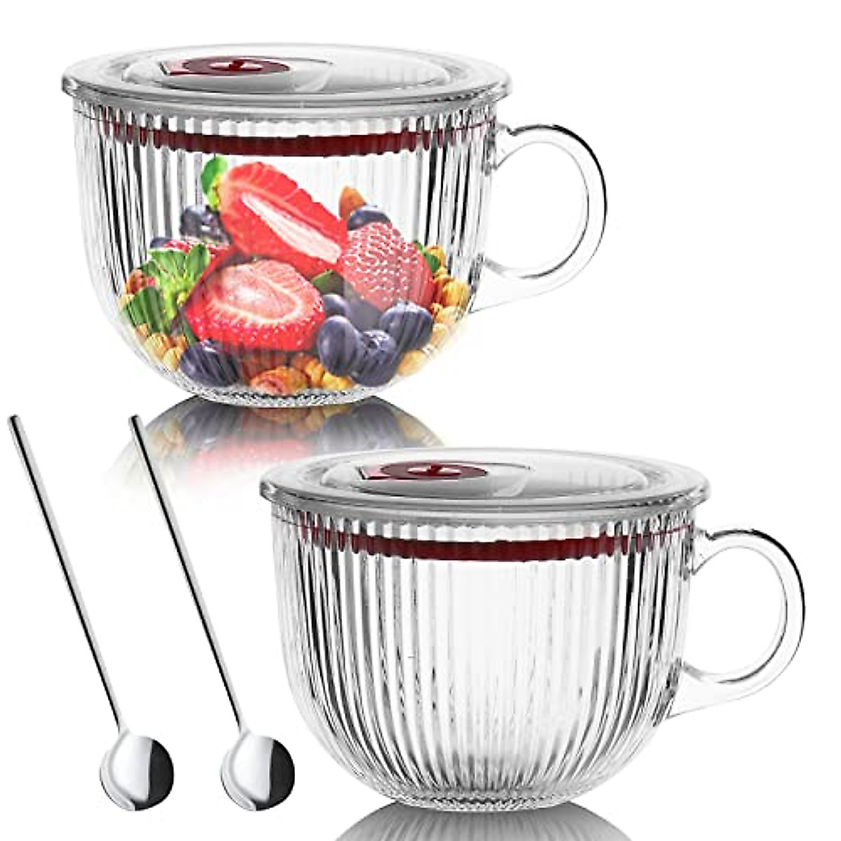 OULOVECO Glass Cereal Bowl Clear Oatmeal Bowl with Handle Spoon,Glass Coffee Mug with Lids Milk Breakfast Bowls Yogurt Bowl for Latte Tea Microwave Safe,400ml/13.5 oz,Set of 2