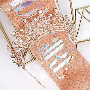 SuPoo Birthday Sash & Crown Rose Gold Birthday Girl Crown Birthday Girl Sash Princess Crown with Comb Birthday Tiara for Women Crystal Princess Tiara Party Decorations Gift Birthday Tiaras and Sashes for Women