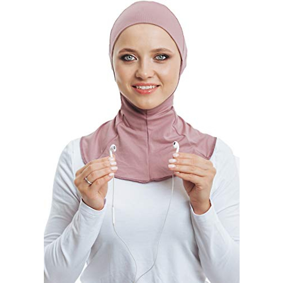 Headphone Hijab, Cotton Under Scarf Tube Cap, Ready to wear Muslim Accessories for Women (Powder)