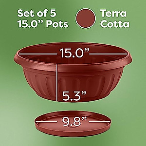 KameL Plant Pots Set of 5 | 15 Inches Garden Bowl Planter | Wide Shallow Planter Best for Outdoor and Indoor Use | Extra-Large Plastic Terracotta Color Flower Pots | w/ 10 Inches Plant Saucers