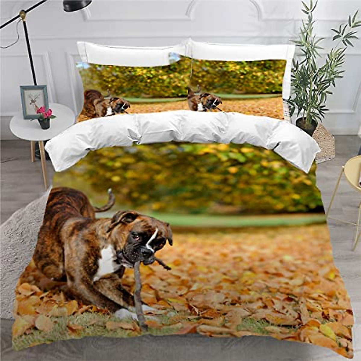 Quilt Cover Queen Size Boxer Dog 3D Bedding Sets Autumn Leaves Duvet Cover Breathable Hypoallergenic Stain Wrinkle Resistant Microfiber with Zipper Closure,beding Set with 2 Pillowcase