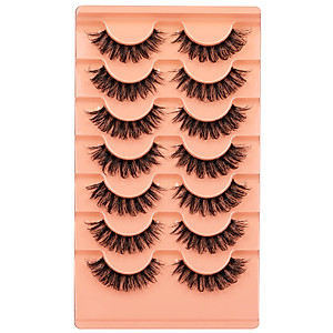 Lashes Mink False Eyelashes Natural Look Fluffy Wispy Eye Lashes with Clear Band 18MM Fake Eyelashes D Curl Strip Cat Eye Lashes 7 Pairs Pack