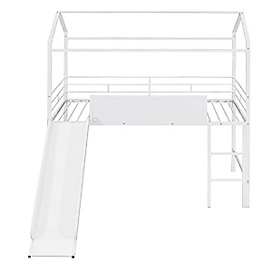 FIQHOME Metal House Bed with Slide, Steel House Bedframe with Roof and Guardrails,Twin Size Metal Loft Bed with Two-Sided Writable Wooden Board for Kids, Teens, Girls, Boys (White)