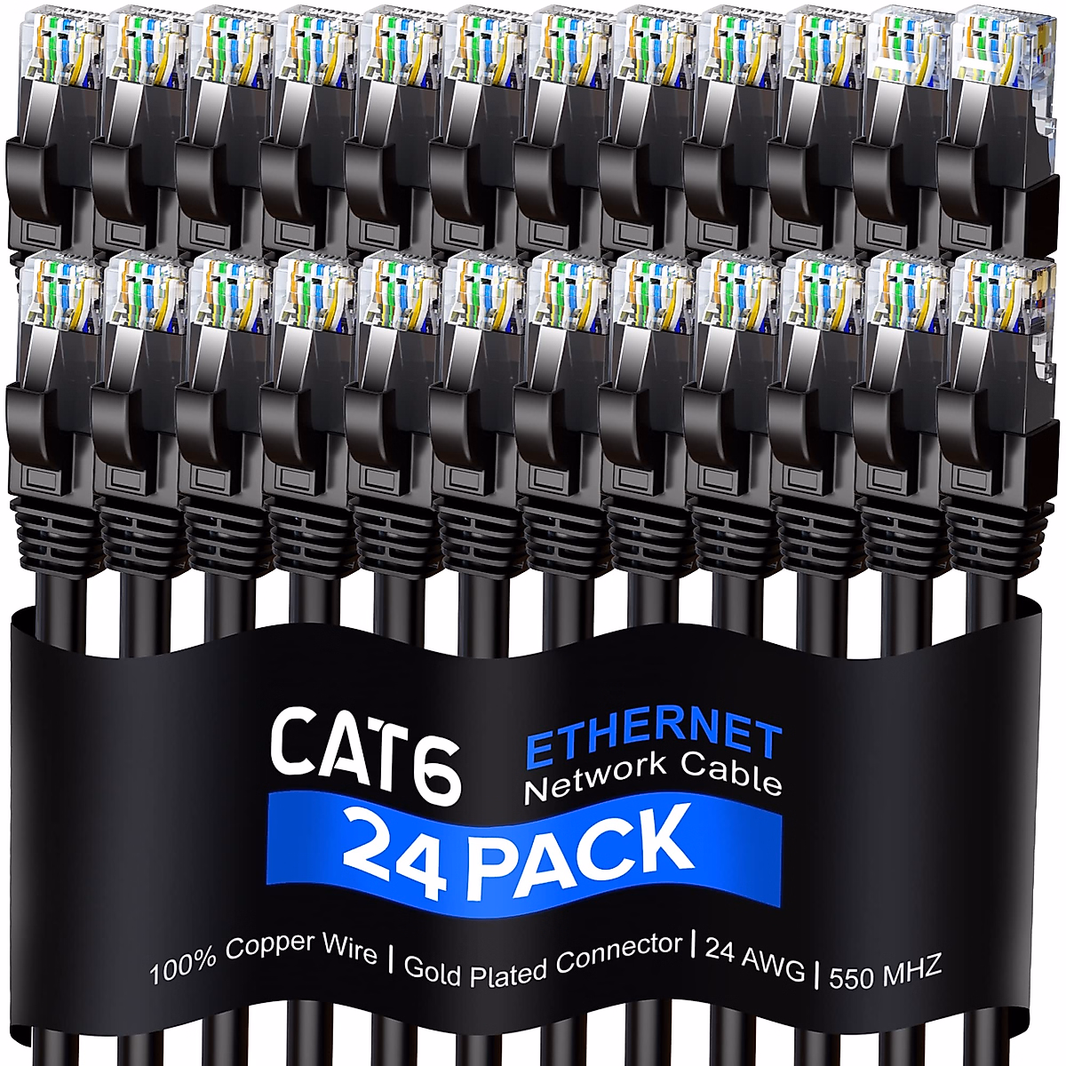 Maximm Cat 6 Ethernet Cable 20 Ft, 100% Pure Copper, Cat6 Cable (20 Pack) LAN Cable, Internet Cable, Patch Cable and Network Cable - UTP (Black) 20 Feet