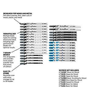 BOSCH 7.2 Amp Barrel-Grip Jig Saw Kit JS572EBK&BOSCH T30C T-Shank Multi-Purpose Jigsaw Blades, 30 Piece, Assorted, Jig Saw Blade Set for Cutting Wood and Metal