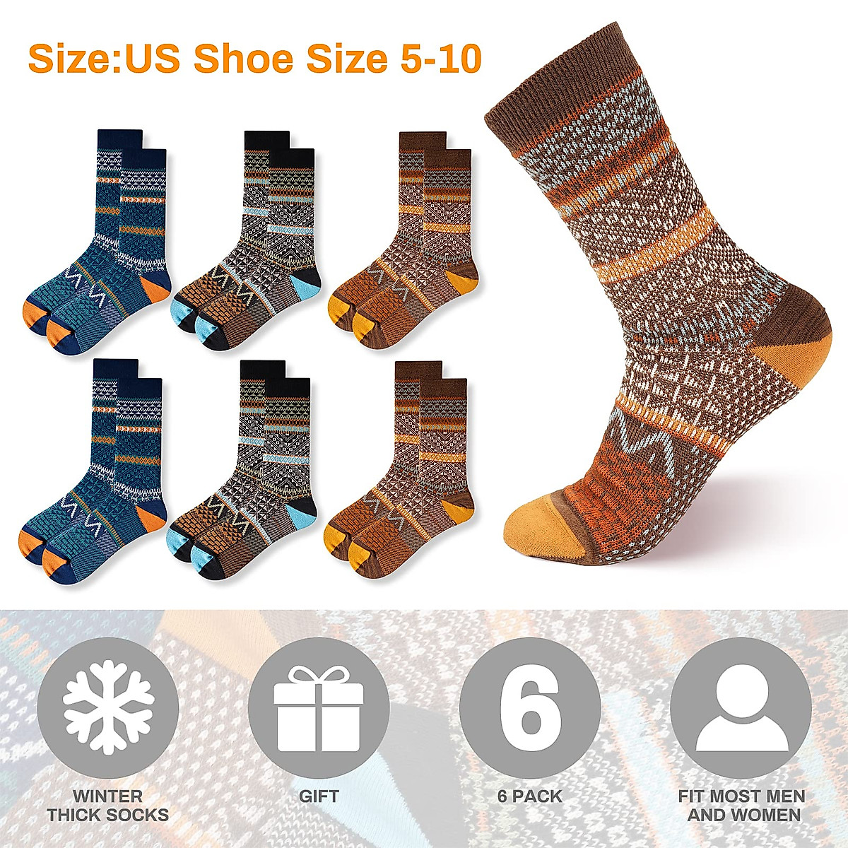 Luckit 6 Pack Wool Socks for Men Women, Warm Cotton Socks Winter Cabin Socks, Vintage Fall Patterned Socks Unisex Knit Socks (Retro puzzle)