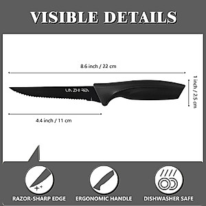 LIN ZHI REN Steak Knives,Serrated Steak knife,High-Carbon Stainless Steel,Ergonomic Handles,For Restaurant Kitchen Tableware Camping,Dishwasher Safe (16 Pcs - Black)