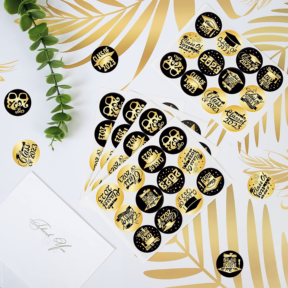 2023 Graduation Stickers, 240 Pieces Class of 2023 Grad Circle Stickers, Graduation Envelope Seals Candy Label Stickers (12 Design) - Black Gold