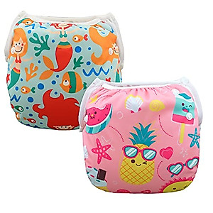 ALVABABY Baby Swim Diapers 2pcs One Size Reusable Washable & Adjustable for Swimming Lesson & Baby Shower Gifts SWD37-39