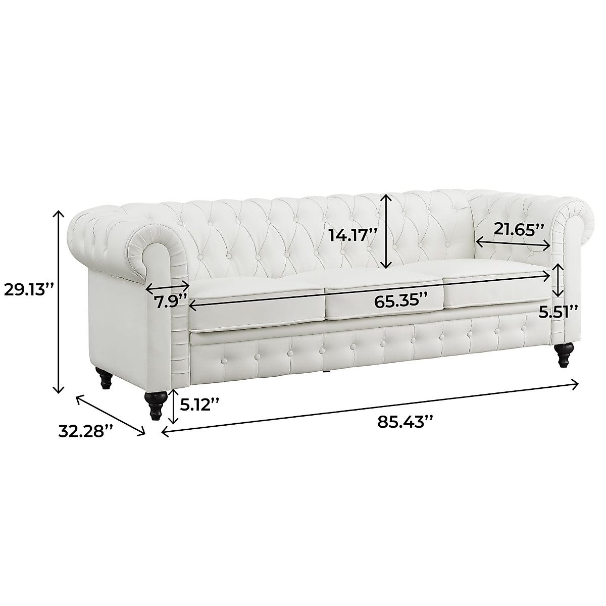 Naomi Home Emery Chesterfield Sofa with Rolled Arms, Tufted Cushions / 3 Seater Sectional Sofa Couch for Small Spaces, Living Room, Bedroom, Apartment Easy Tool-Free Assembly – Off White