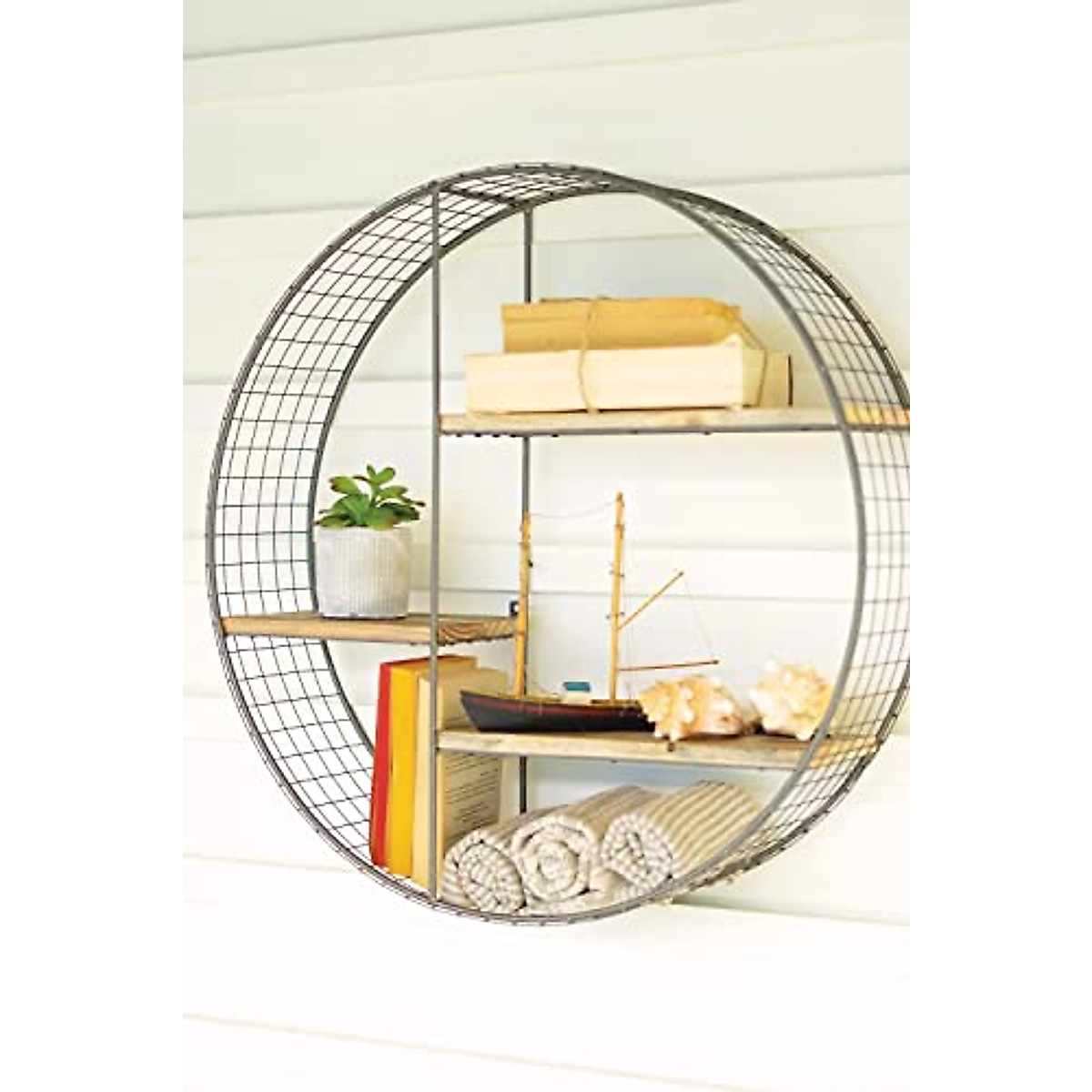 KALALOU CQ7541 Round Wire Mesh and Recycled Wood Shelving Unit, See Image