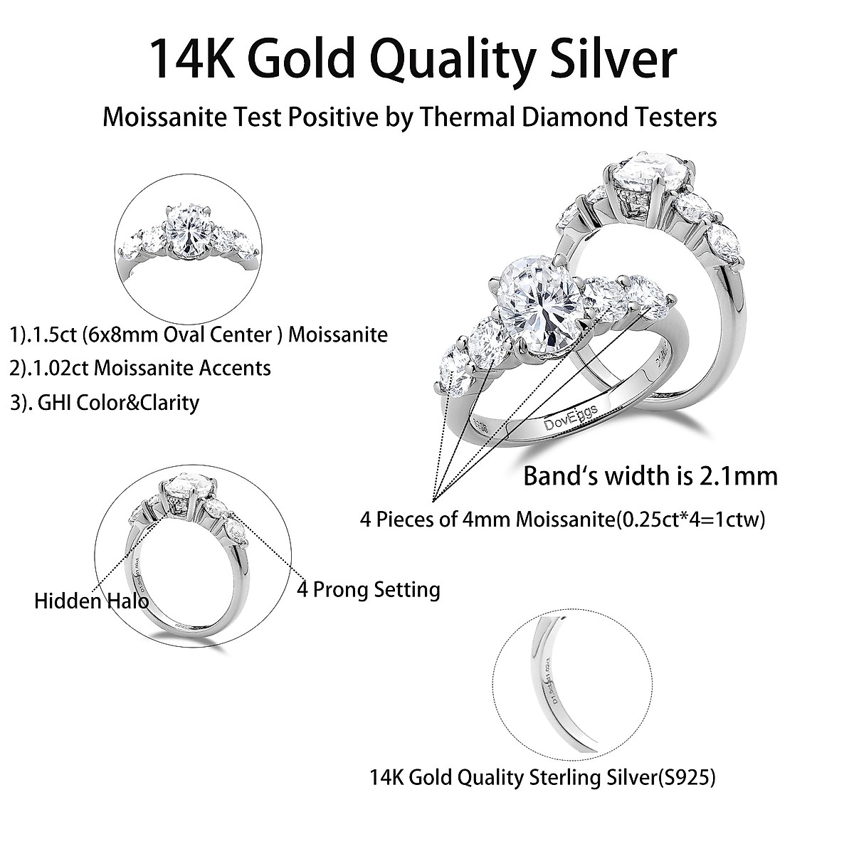 DovEggs 1.5ct Center 6X8mm G-H-I Color Oval Cut Moissanite Engagement Ring with Accents 14k Gold Quality Silver Engagement Ring for Women Band Width 2.1mm (6)