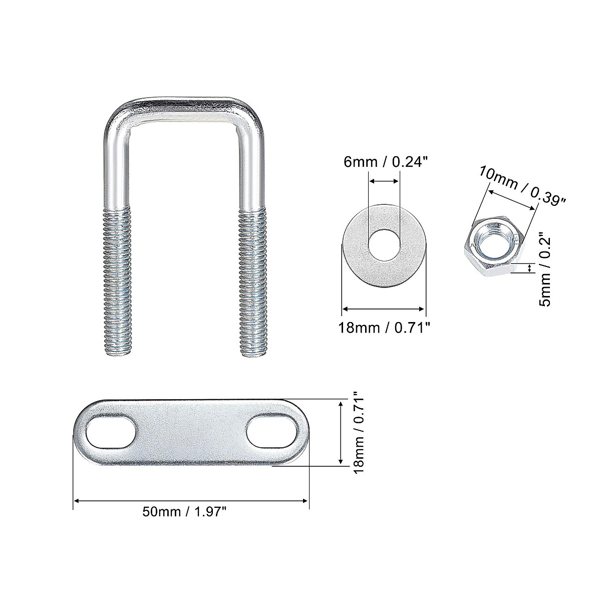 uxcell Square U-Bolts 3/4"(20mm) Inner Width Carbon Steel M6 with Nuts, Frame Plate, Round Washers 4 Set