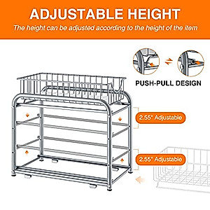 LEGUANG Under Sink Organizers and Storage, 2 Tier Sliding Basket Under Sink Cabinet Organizer, Kitchen Under Bathroom Storage Organizer, Silver