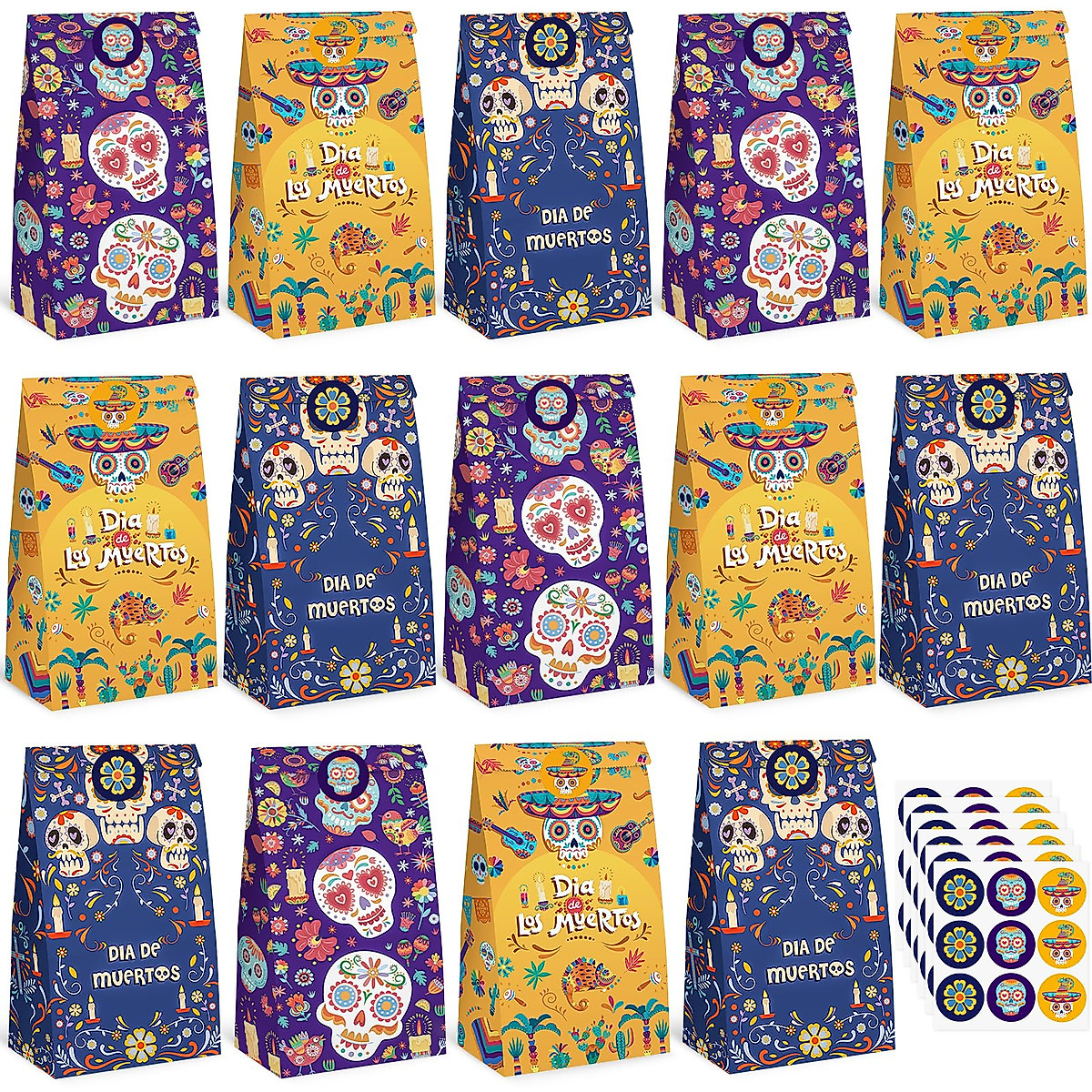 VGOODALL 54PCS Halloween Party Favor Bags, Day of the Dead Treat Bags Paper Candy Bags Goodie Bags with Stickers for Party Favor Supplies 3 Designs