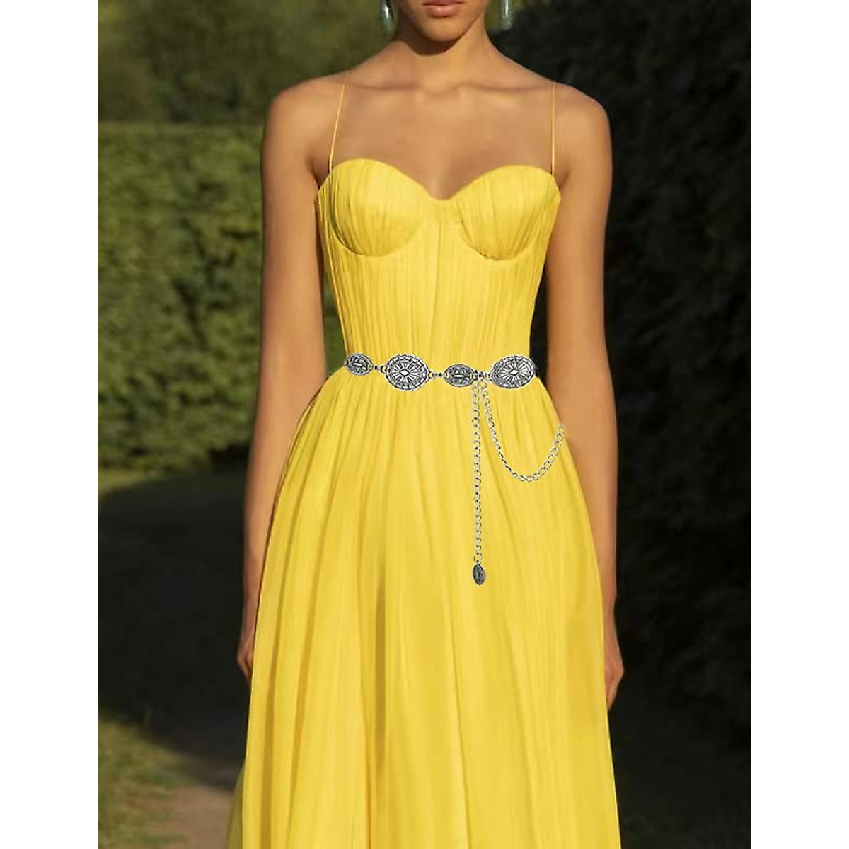 TOPACC Western Metal Oval Concho Chain Belt for Women Silver Cowgirl Belt for Dresses Jeans Country Concert Outfit