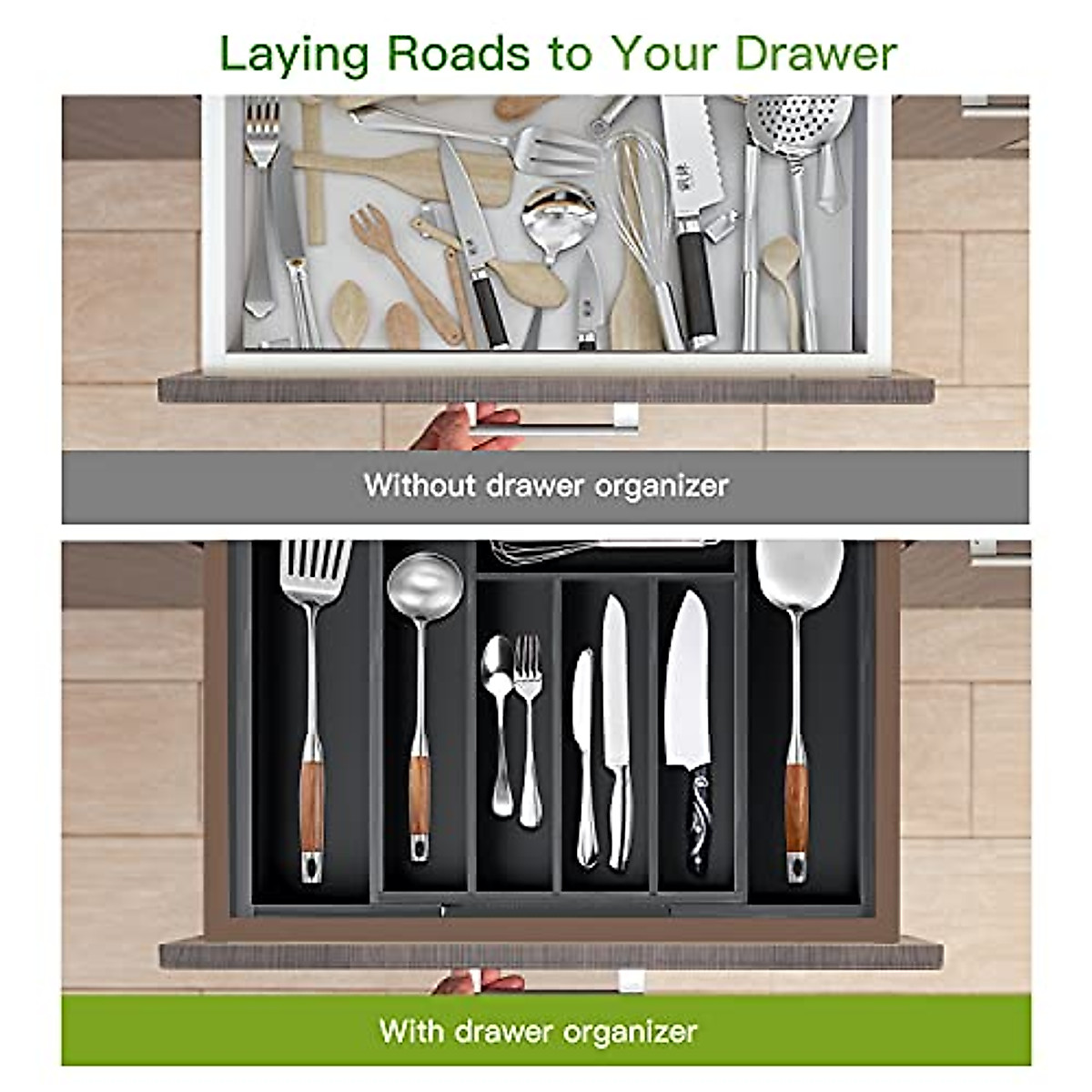 Pipishell Bamboo Expandable Drawer Organizer for Utensils Holder, Adjustable Cutlery Tray, Wood Drawer Dividers Organizer for Silverware, Flatware, Knives in Kitchen, Bedroom, Living Room (Black)