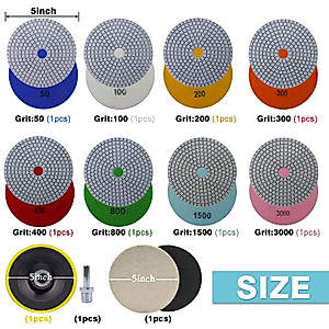 Diamond Polishing Pads 5 Inch with 5/8’’-11 Hook & Loop Backing Pads, 10pcs Wet/Dry Concrete Polish Tools Kit for Drill, Grinder, Polisher, 50-3000 Grit Polishing Set for Marble Granite Quartz Stone