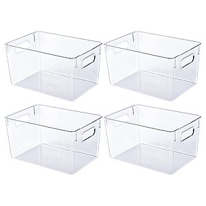 JollyPack 4 Pack Clear Plastic Storage Bins, Pantry Organizers and Storage with Handles, Clear Storage Containers for Fridge, Kitchen, Cabinet, Bathroom and Office