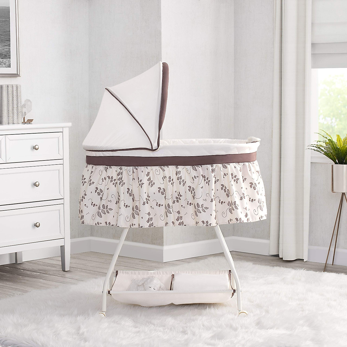 Delta Children Deluxe Sweet Beginnings Bedside Bassinet - Portable Crib with Lights and Sounds, Falling Leaves