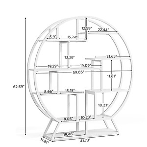 Tribesigns Bookshelf, Round Bookshelves Etagere Bookcase, 63 Inch Wood Book Shelf with Staggered Shelves, Rustic Open Shelving Organizer Rack Display Shelf for Home Office, Living Room, White