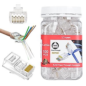 EZYUMM 100 Pieces RJ45 Cat6a Pass Through Connectors Gold Plated Cat 6a Bold Connector for Thick 23 AWG Cables