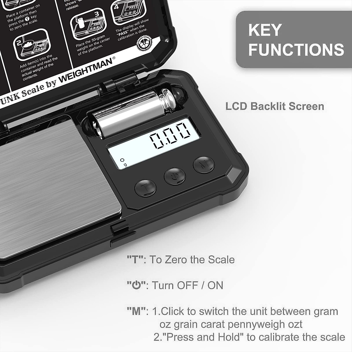 WEIGHTMAN Gram Scale, 200/0.01g Black Scale, Scales Digital Weight Grams with 50G Calibration Weight, Digital Pocket Scale Gram and OZ, Small Digital Scale 6 Units, Large LCD Screen, Battery Included