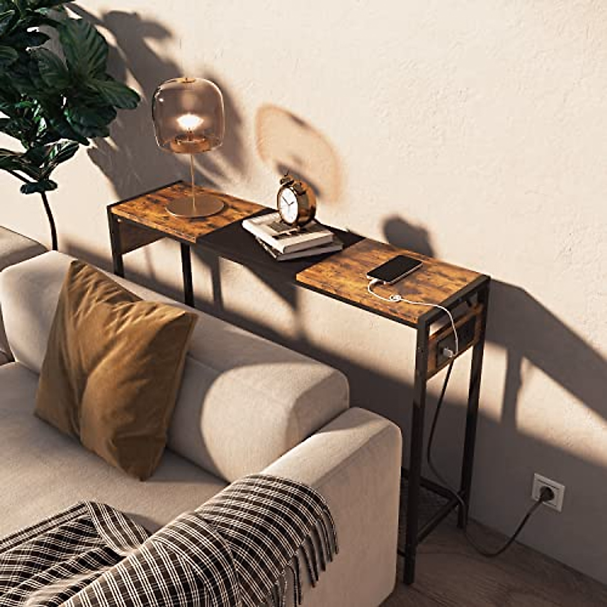 IRCPEN Console Table with Outlet & 2 USB Ports, 42" Wood Entryway Table with Shelves Storge, Farmhouse Sofa Behind Couch Table with Charging Station for Living Room, Hallway, Foyer, Corridor