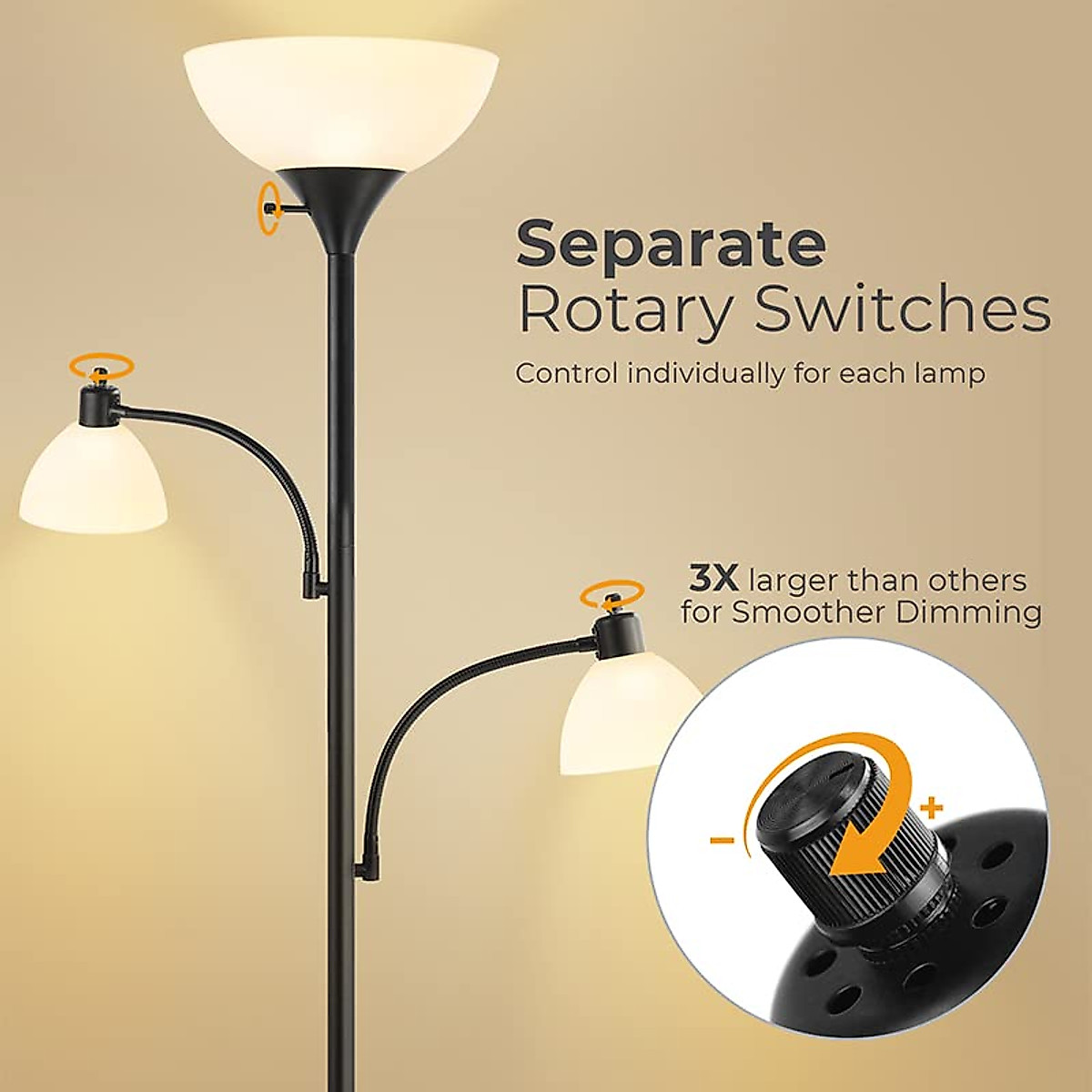 Isloys Floor Lamp, Torchiere Bright Floor Lamp with 2 Reading Lamps for Living Room, Led Floor Lamp with 3 Levels Dimmable Brightness, Industrial Floor Lamp for Reading Offices(3 Bulbs Included)