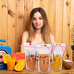 Patelai 16 Pcs Bachelorette Drink Pouch Cup with Straw 17 Oz Disposable Juice Pouches Disposable Cups for Weddings and Bridal Showers(Classic Style)