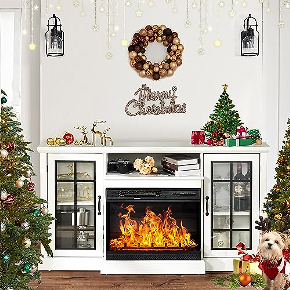 oneinmil Fireplace TV Stand with 3-Sided Glass Electric Fireplace,59'' Modern Media Entertainment Center with Farmhouse Glass Door Storage Cabinet, TV Cabinet for TVs up to 65",for Living Room,White