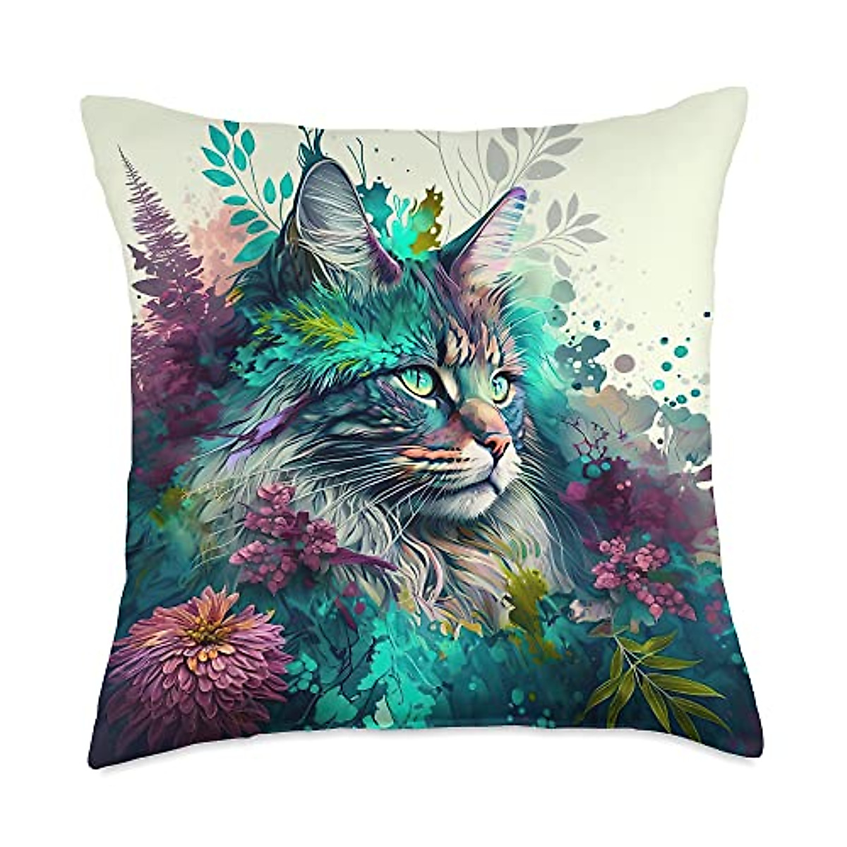 Maine Coon Designs Maine Coon Cat Watercolor Splash Artistic Floral Throw Pillow, 18x18, Multicolor