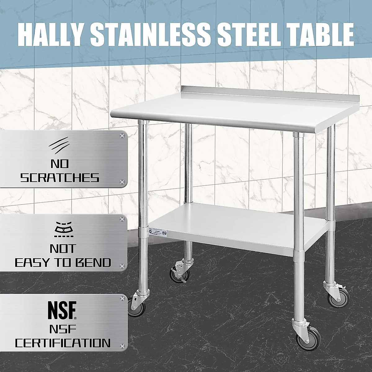HALLY Stainless Steel Table for Prep & Work 24 x 36 Inches with Caster Wheels, NSF Commercial Heavy Duty Table with Undershelf and Backsplash for Restaurant, Home and Hotel