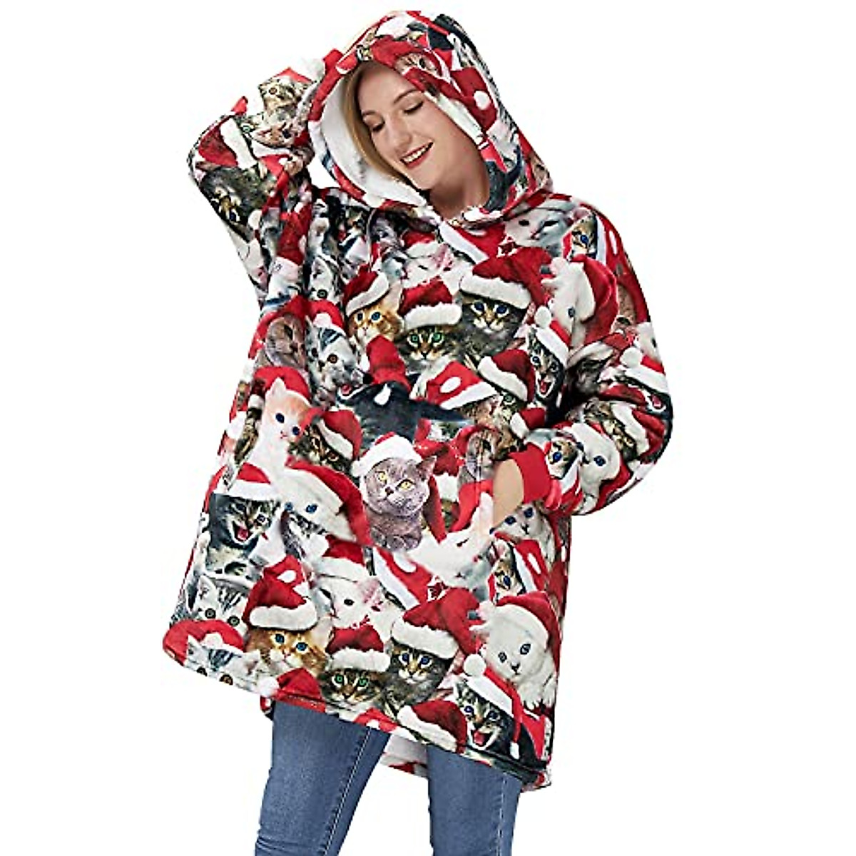 Christmas Cat Sweatshirt Blanket Wearable Hooded Throw Hat Xmas Nap Sherpa Giant Big Pocket Holiday Party Gifts Oversized Sweater Jacket Hoodies For Teens Girls