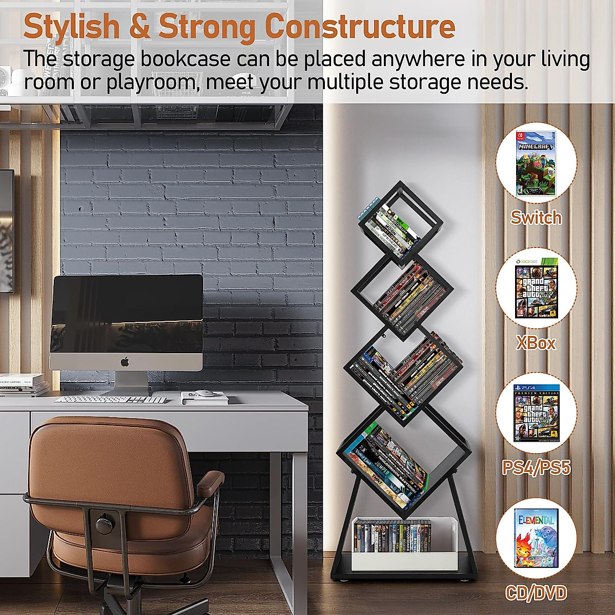 uyoyous Tree Bookshelf 5 Tier Tree Bookcase Metal Bookshelf Standing Bookshelf Modern Bookshelf for CDs/Movies/Books, Storage Shelves for Bedroom, Living Room, Home Office, Black