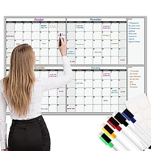 Large Wall Calendar Undated - Dry Erase Calendar for Wall，35.8 '' X 31.8 '' - Four Monthly Dry Erase Reusable Wall Planner - Includes 8 Sticker Dots and 5 Whiteboard Markers