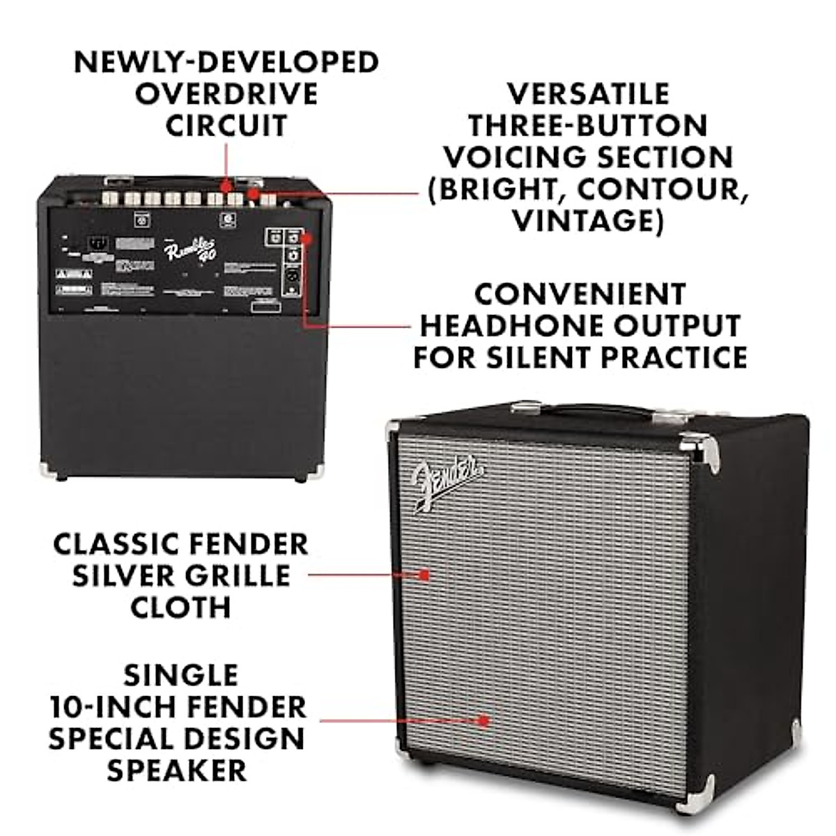 Fender Rumble 40 V3 Bass Amp for Bass Guitar, Bass Combo, 40 Watts, with 2-Year Warranty 8 Inch Speaker, with Overdrive Circuit and Mid-Scoop Contour Switch