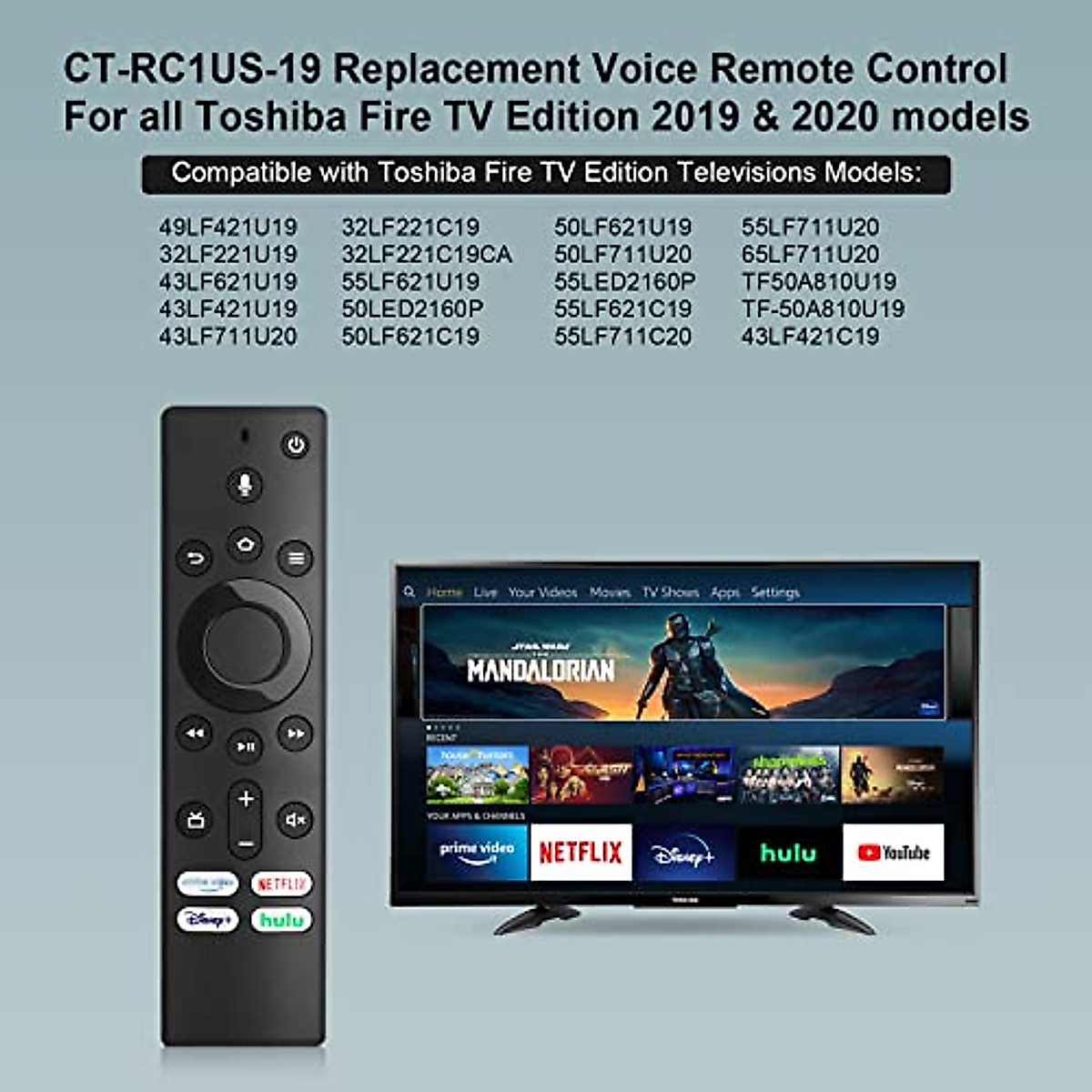 New CT-RC1US-19 Replacement Voice Remote Control for Toshiba Fire TV Edition Televisions 32LF221U19 43LF621U19 43LF421U19 43LF711U20 32LF221C19 55LF621U19 50LF711U20 49LF421U19 50LF621U19 TF50A810U19