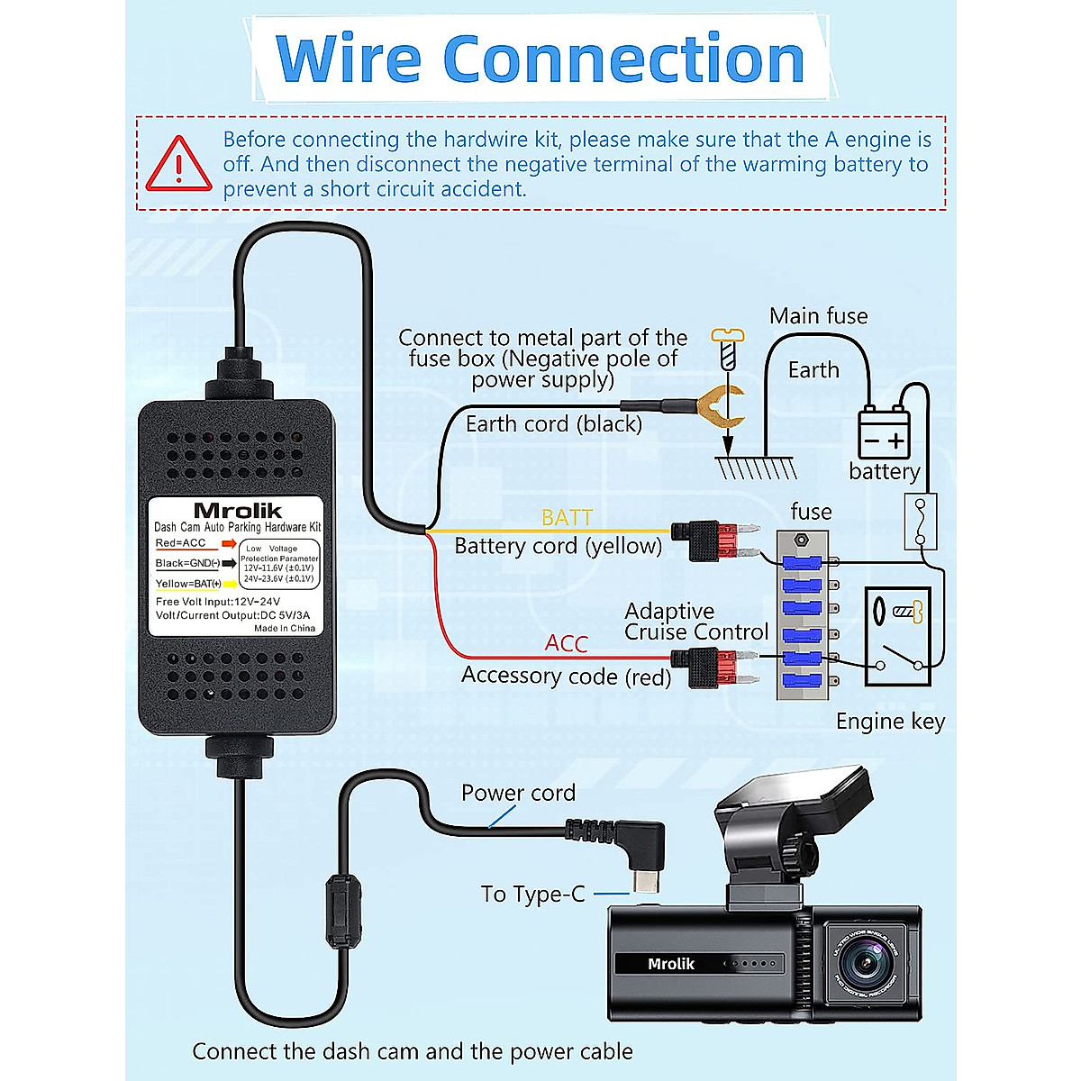 S10 Dash Cam Front and Rear WiFi 4K and Hardwire kit Cable for 24H Recording