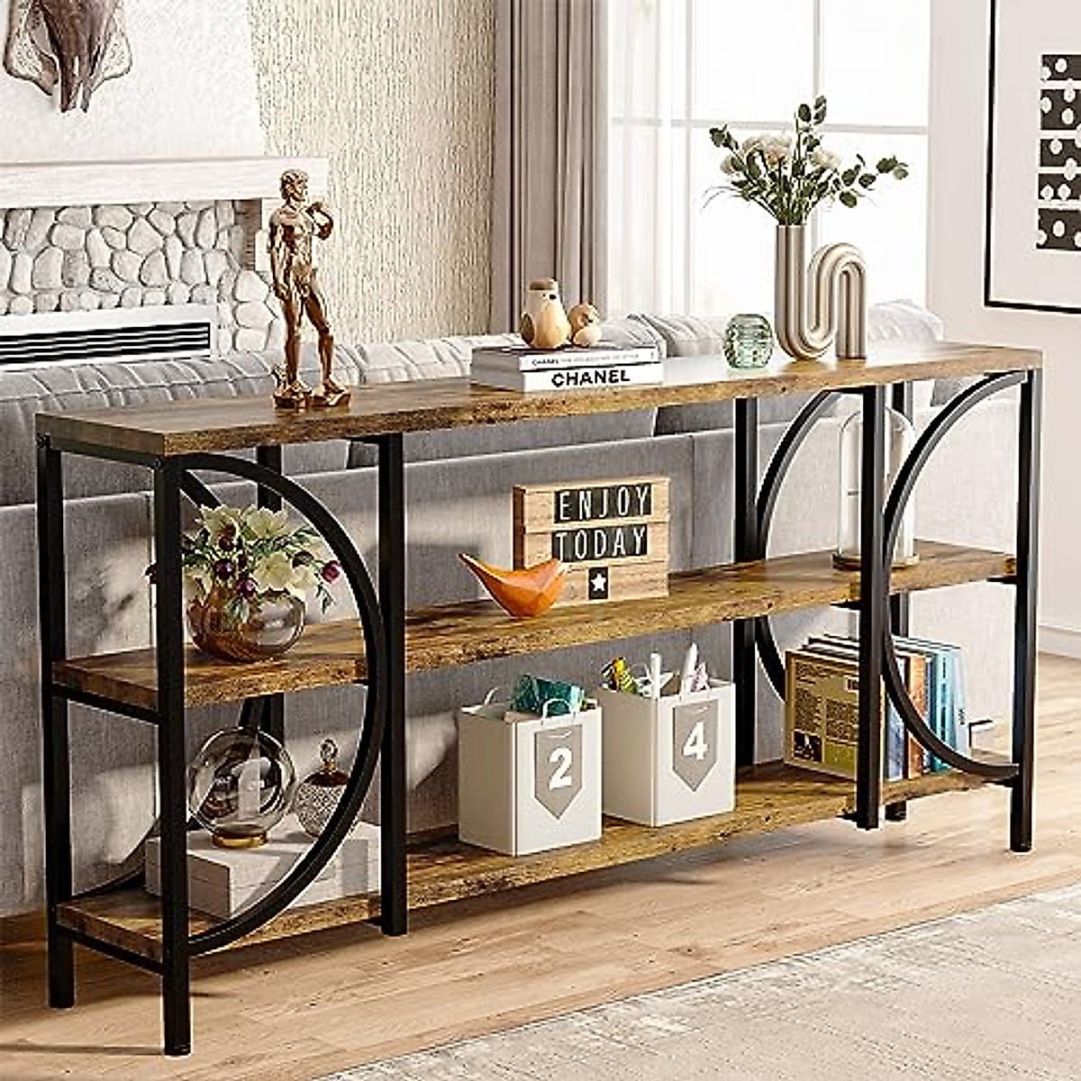 Tribesigns 70.9 Inch Extra Long Sofa Table, 3 Tier Narrow Console Table with Storage Shelves, Industrial Entryway Table Behind Sofa Couch for Living Room, Hallway, Foyer, Rustic Brown