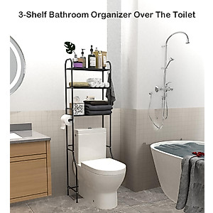 CAMOAT Over The Toilet Storage Shelf, Metallic Black 3-Tier Over Toilet Bathroom Organizer, Adjustable Foot Height with 4 Hooks 19.3" Wide Toilet Shelf Rack