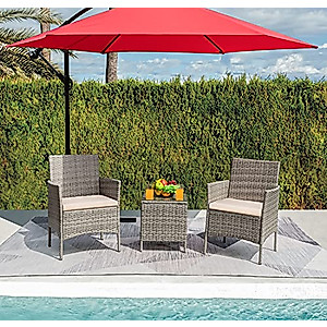 Greesum 3 Pieces Patio Furniture PE Rattan Wicker Chair Conversation Set, Gray and Beige