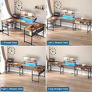 Unikito U Shaped Office Desk with Power Outlet and LED Strip, Reversible L Shaped Computer Desk with Monitor Stand & Storage Shelves, U- Shape Gaming Table, 83 Inch 2 Person Corner Desk, Rustic Brown