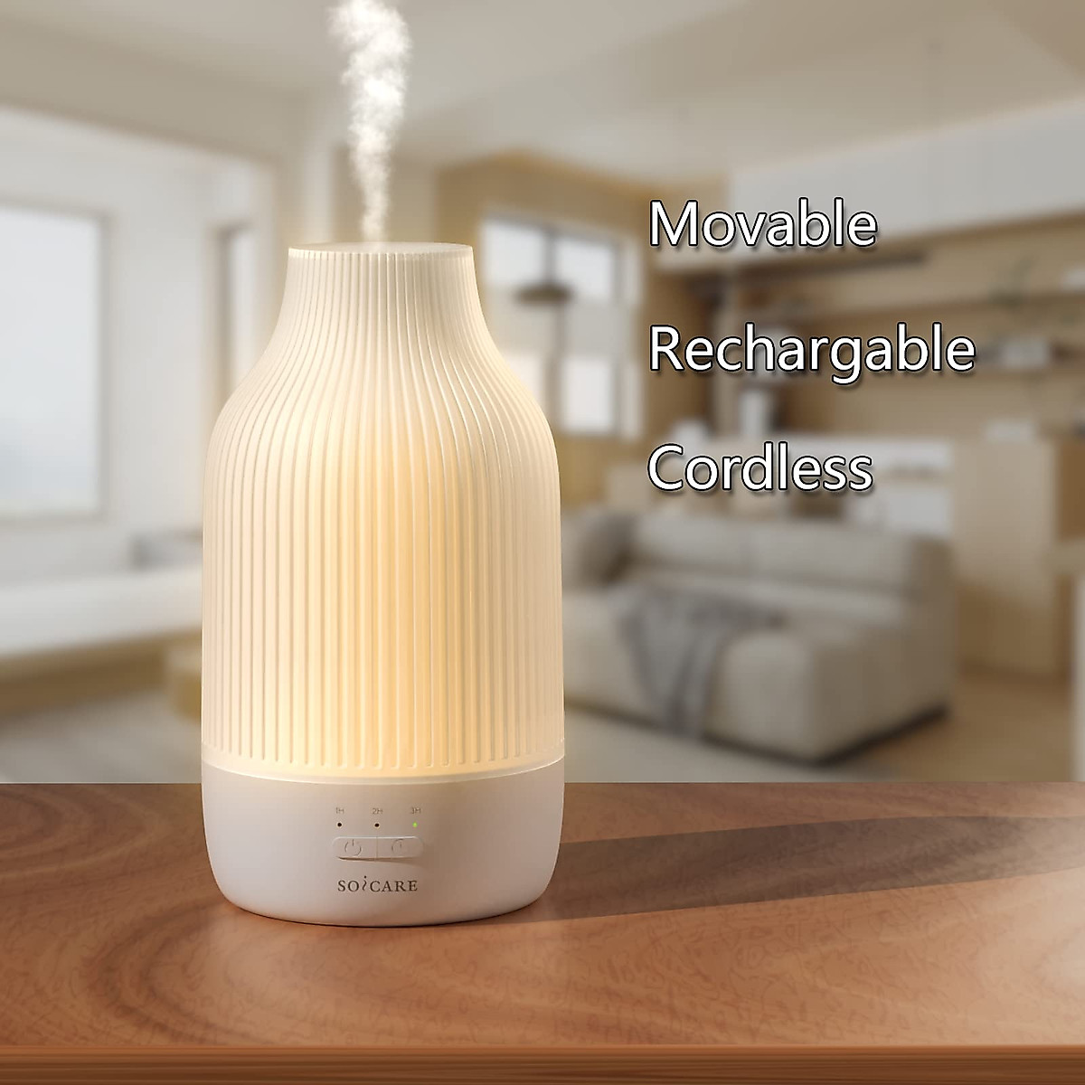 SOICARE Cordless Rechargeable Diffuser, Battery Operated Mini Portable Wireless Diffuser for Essential Oils, 80ML Small USB Essential Oil Diffuser with Warm Light (White)