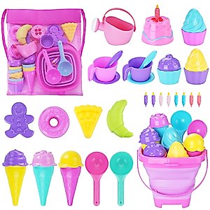 TSDATOWR Ice Cream Beach Toys Sand Toys Set for Kids, Collapsible Sand Bucket and Shovels Set with Mesh Bag, Sand Molds, Watering Can, Sandbox Toys for Kids and Toddlers, Travel Sand Toys for Beach
