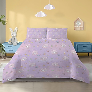 YULEEE Ocean Duvet Cover Set Twin Size - Purple Fish Scales Bedding Set for Kid, Bedroom Decor, Diamonds Pearl Shells Quilt Cover with Zipper Closure, 3 Pcs Reversible Soft Comforter Cover Set