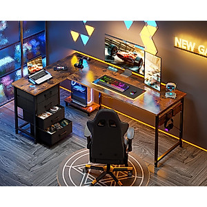 AODK L Shaped Desk with 4 Tier Drawers, 61" Reversible Gaming Desk with Power Outlets, L Shaped Computer Desk with USB Charging Port and Host Stand, Home Office Corner Desk, Easy to Assemble, Vintage